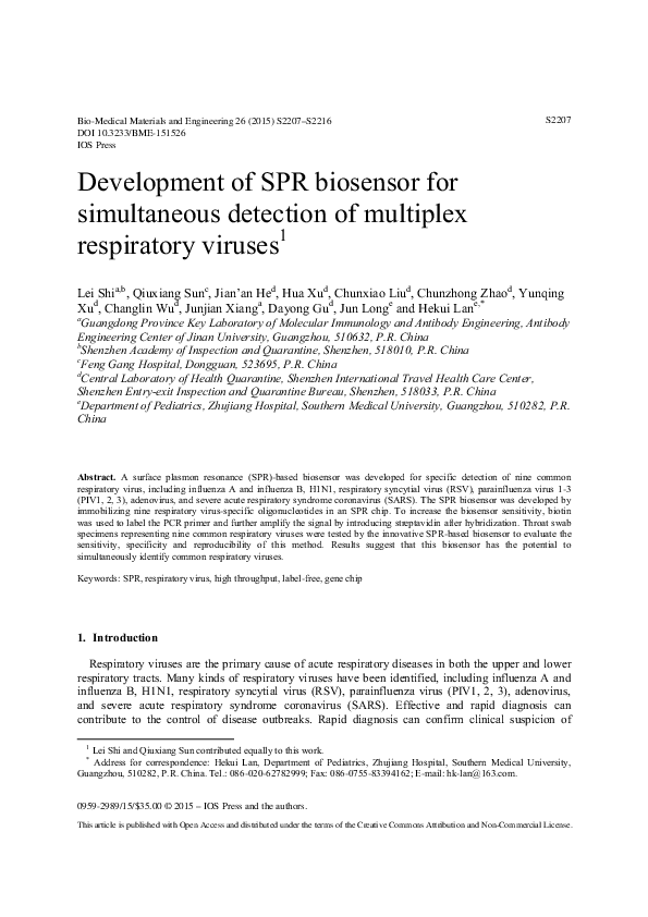 (PDF) Development of SPR biosensor for simultaneous detection of multiplex respiratory viruses