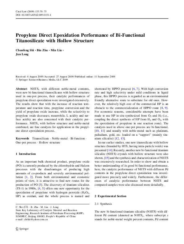 (PDF) Propylene Direct Epoxidation Performance of Bi-Functional ...