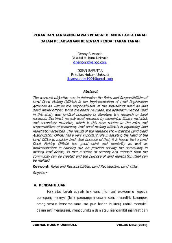 (PDF) Peran Dan Tanggung Jawab Pejabat Pembuat Akta Tanah Dalam Pelaksanaan Kegiatan Pendaftaran ...