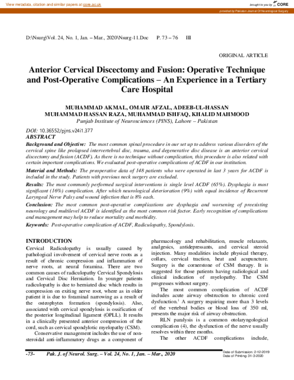 (PDF) Anterior Cervical Discectomy and Fusion: Operative Technique and ...