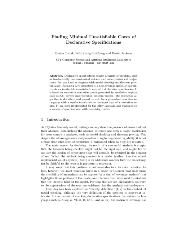 (PDF) Finding Minimal Unsatisfiable Cores of Declarative Specifications