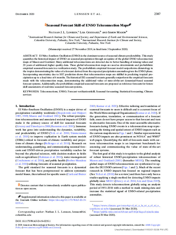 (PDF) Seasonal Forecast Skill of ENSO Teleconnection Maps