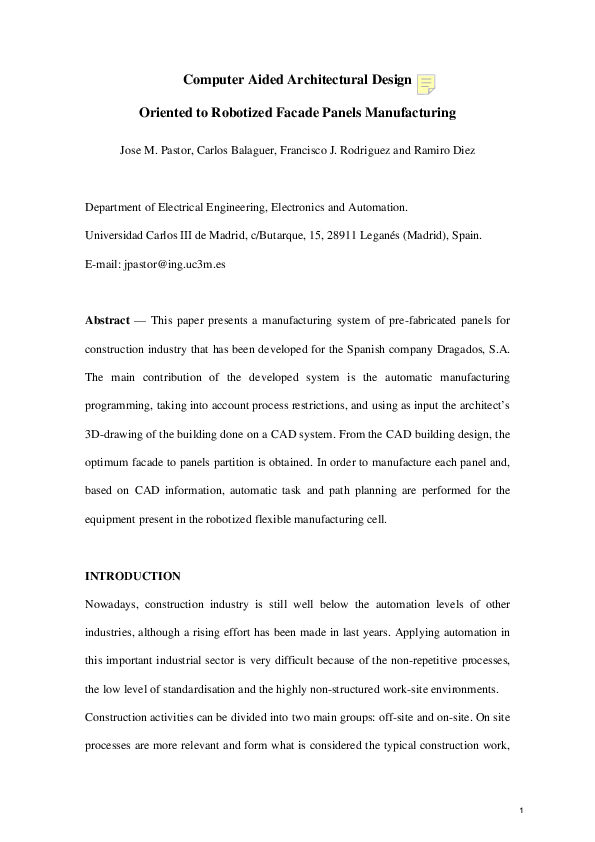 Pdf Computer‐aided Architectural Design Oriented To Robotized Facade Panels Manufacturing
