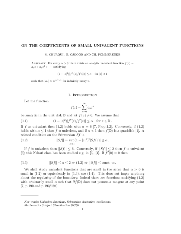 Pdf On The Coefficients Of Small Univalent Functions Brad Osgood