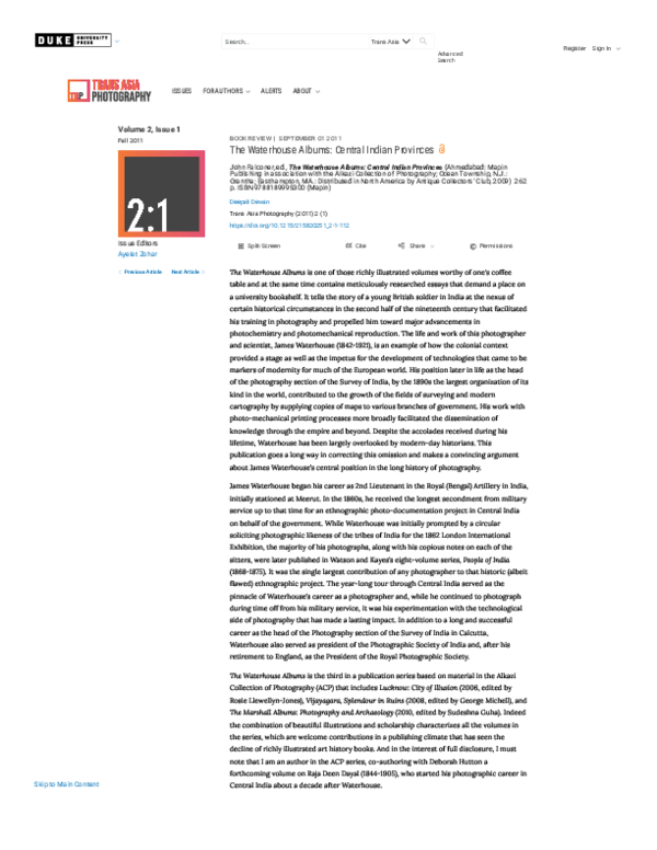 (PDF) Review of John Falconer, ed. The Waterhouse Albums: Central Indian Provinces. Mapin ...