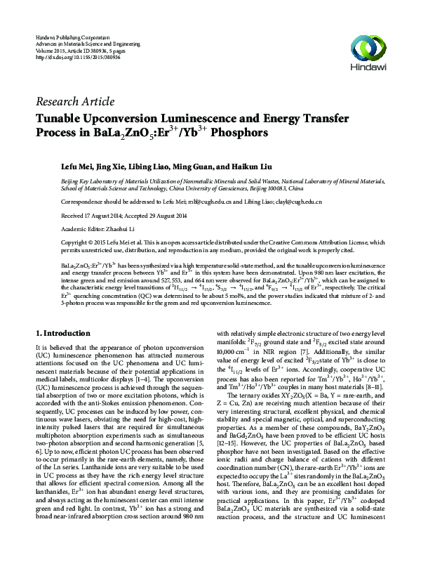 (PDF) Tunable Upconversion Luminescence and Energy Transfer Process in ...