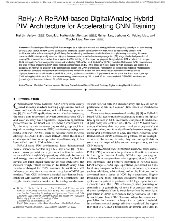 (PDF) ReHy: A ReRAM-based Digital/Analog Hybrid PIM Architecture for Accelerating CNN Training