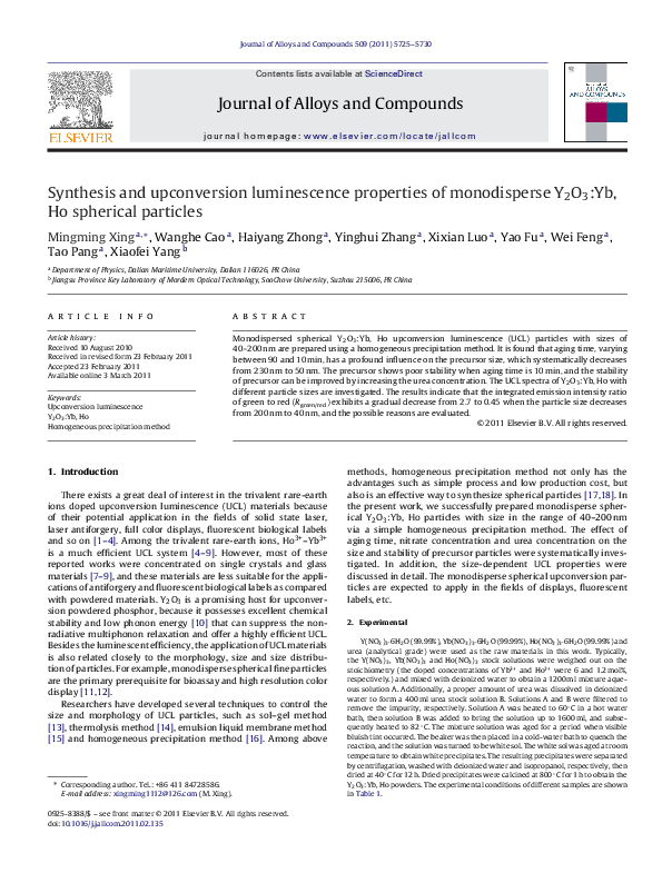 (PDF) Synthesis and upconversion luminescence properties of monodisperse Y2O3:Yb, Ho spherical ...