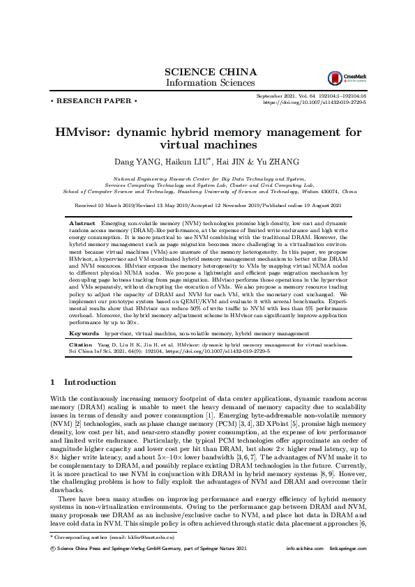 (PDF) HMvisor: dynamic hybrid memory management for virtual machines