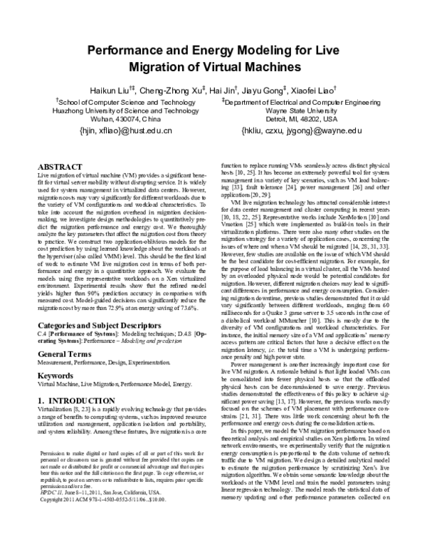 (PDF) Performance and energy modeling for live migration of virtual machines | Haikun Liu ...