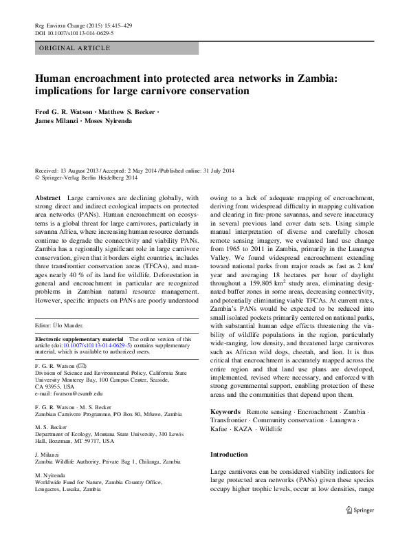 (PDF) Human encroachment into protected area networks in Zambia ...