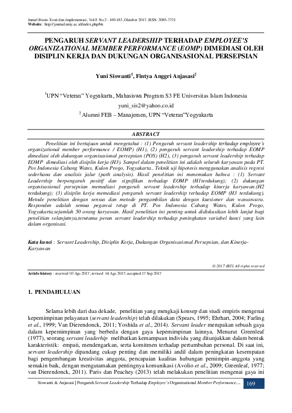 (PDF) Pengaruh Servant Leadership Terhadap Employee’s Organizational Member Performance (Eomp ...
