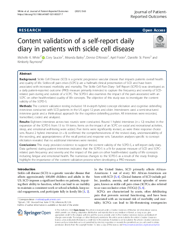Content validation of a self-report daily diary in patients with sickle ...