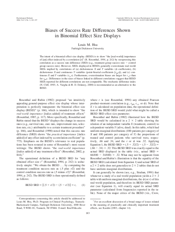 (PDF) Biases of Success Rate Differences Shown in Binomial Effect Size ...