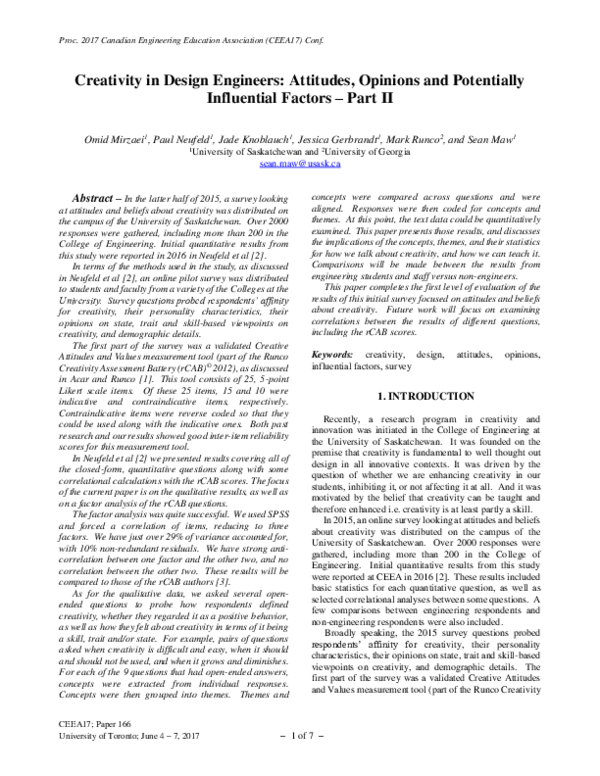 (PDF) Creativity in Design Engineers: Attitudes, Opinions and Potentially Influential Factors ...