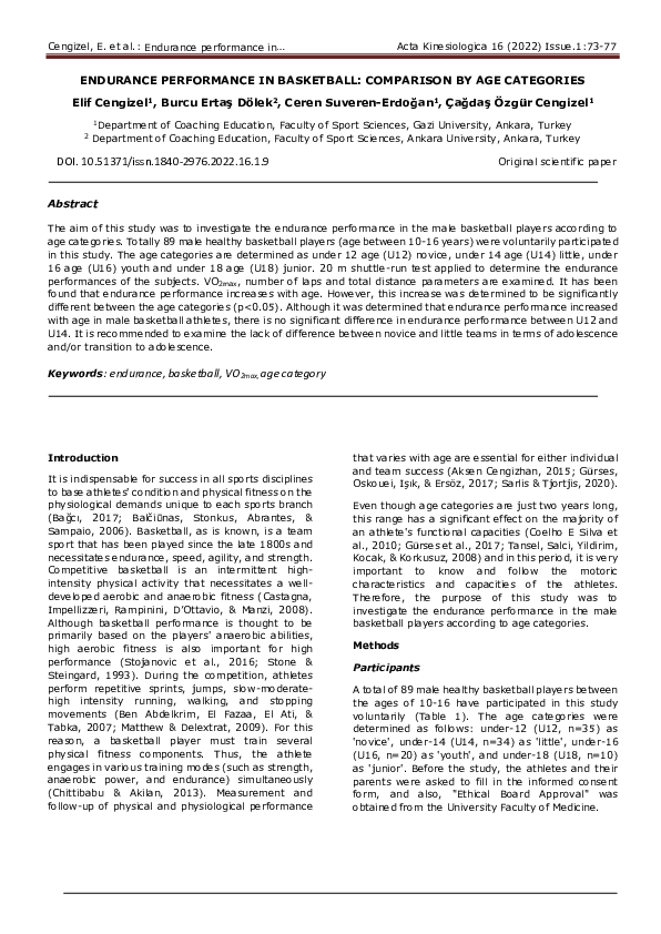 (PDF) Endurance Performance in Basketball: Comparison by Age Categories