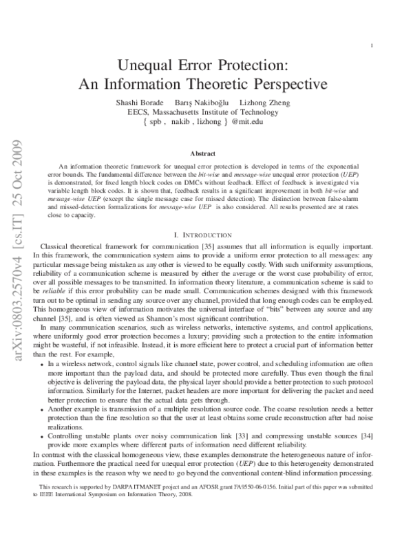Pdf Unequal Error Protection An Information Theoretic Perspective