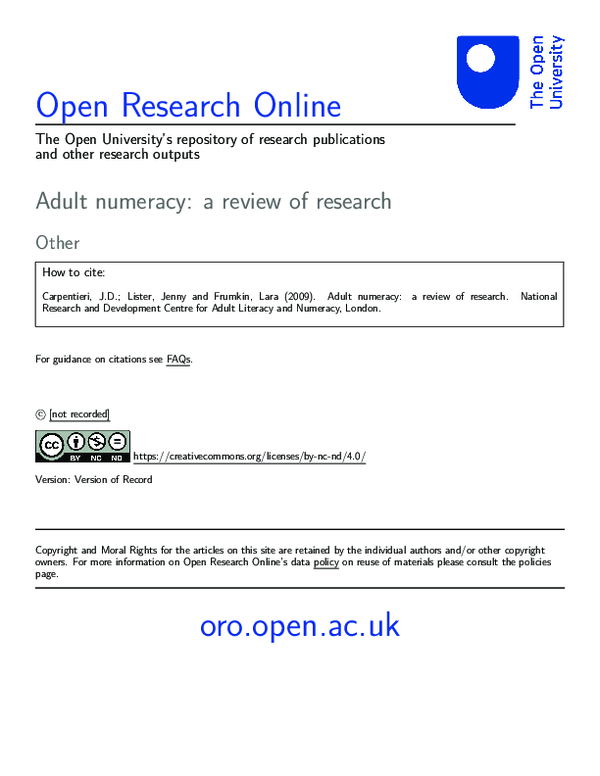 (PDF) Adult numeracy: a review of research | Lara Frumkin - Academia.edu