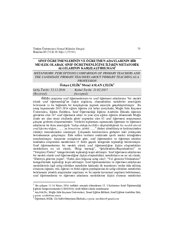 (PDF) Sinif Öğretmenleri̇ni̇n Ve Öğretmen Adaylarinin Bi̇r Meslek Olarak Sinif Öğretmenli̇ği̇ne ...