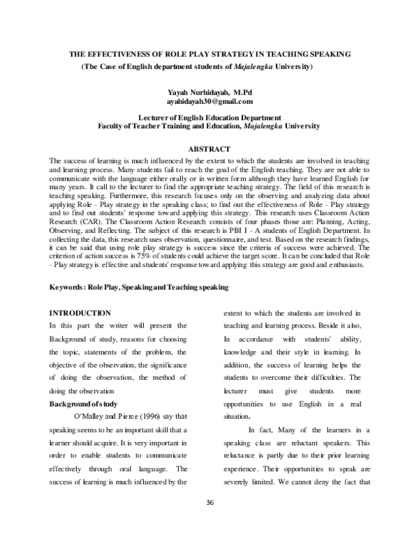 (PDF) THE EFFECTIVENESS OF ROLE PLAY STRATEGY IN TEACHING SPEAKING (The ...