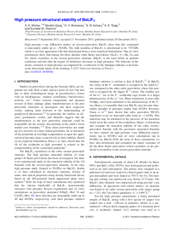 (PDF) High pressure structural stability of BaLiF3