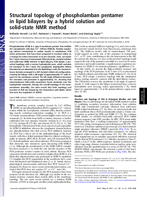(PDF) Pentameric Phospholamban Structure in Lipid Bilayers by NMR