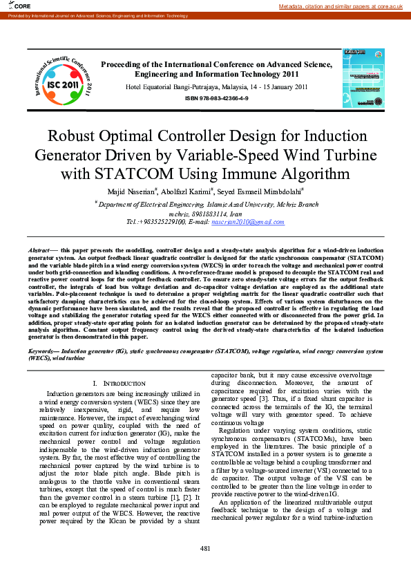 Robust Optimal Controller Design for Induction Generator Driven by Variable-Speed Wind Turbine ...