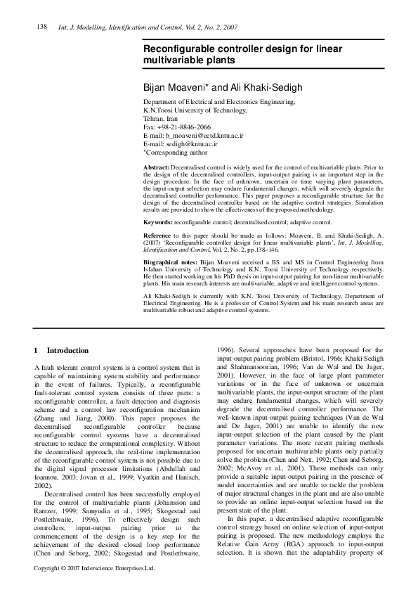 (PDF) Reconfigurable controller design for linear multivariable plants