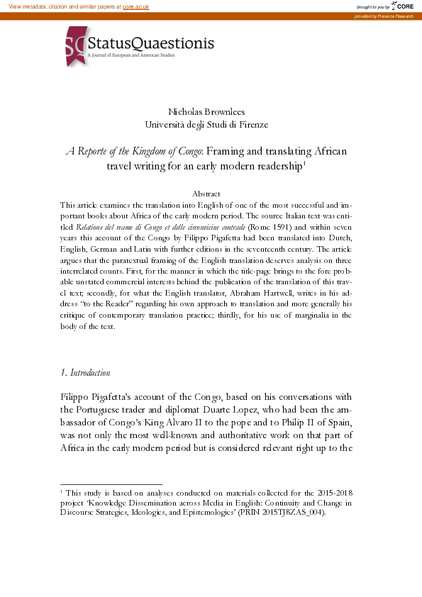 (PDF) A Reporte of the Kingdom of Congo: Framing and Translating ...