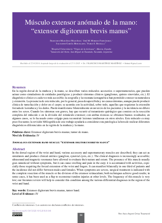 (PDF) Músculo extensor anómalo de la mano: “Extensor digitiforme brevis ...