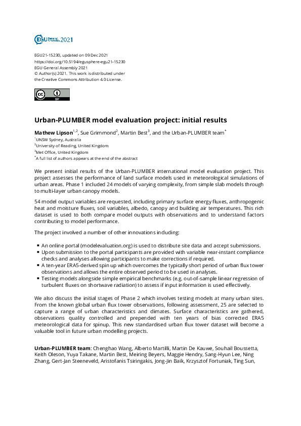 (PDF) Urban-PLUMBER model evaluation project: initial results | Sue ...