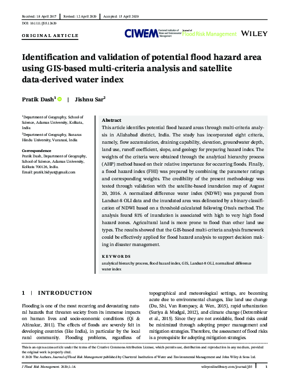 (PDF) Identification and validation of potential flood hazard area ... (PDF) Identification and validation of potential flood hazard area ...
