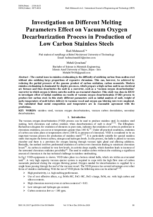 (PDF) Investigation on Different Melting Parameters Effect on Vacuum Oxygen Decarburization ...