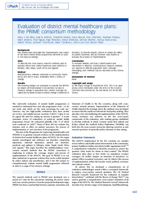 (PDF) Evaluation of district mental healthcare plans: the PRIME ...