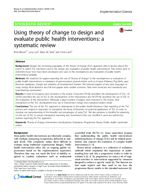(PDF) Using theory of change to design and evaluate public health interventions: a systematic review