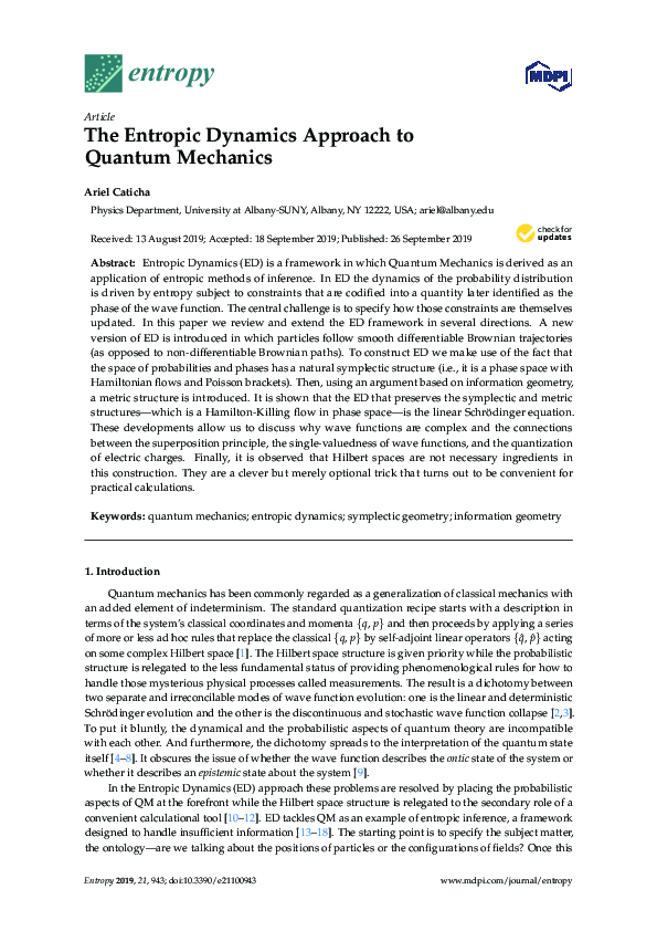 (PDF) The Entropic Dynamics Approach to Quantum Mechanics