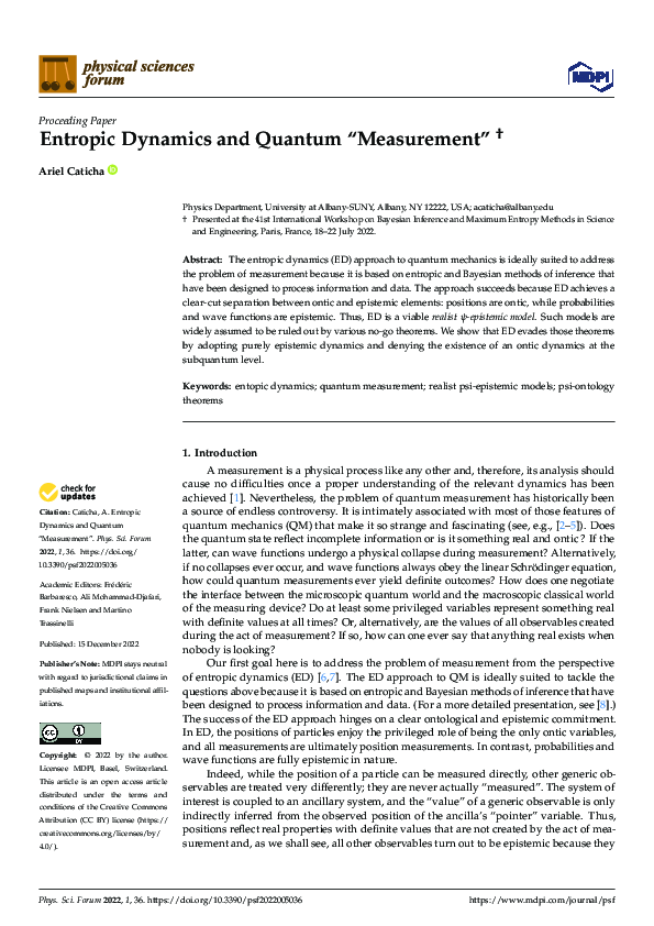 (PDF) Entropic Dynamics and Quantum “Measurement” | Ariel Caticha - Academia.edu