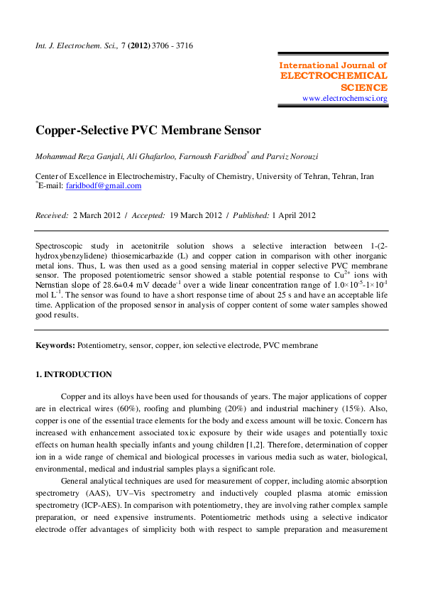 (PDF) Copper-Selective PVC Membrane Sensor