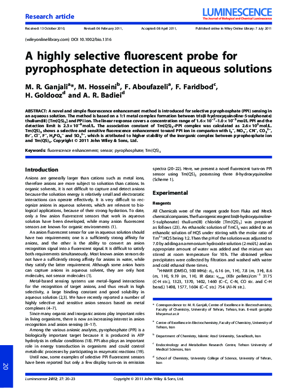 (PDF) A highly selective fluorescent probe for pyrophosphate detection ...