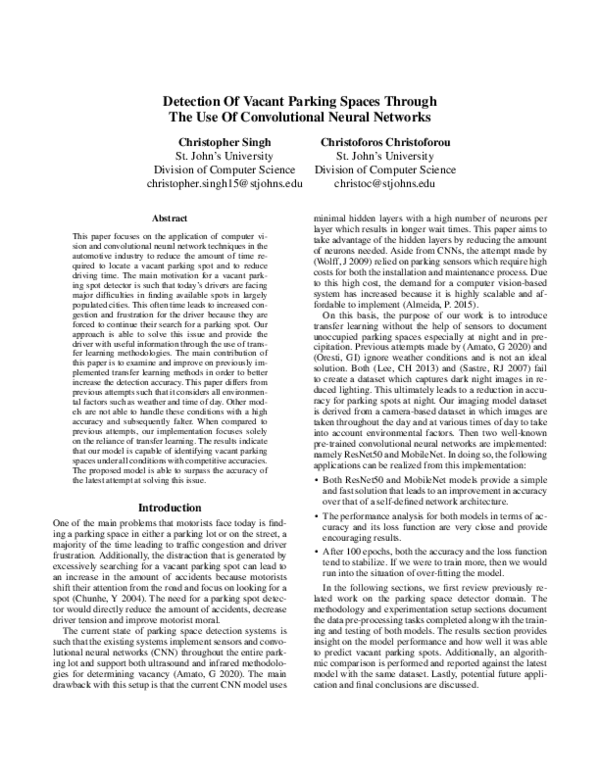 (PDF) Detection Of Vacant Parking Spaces Through The Use Of Convolutional Neural Network