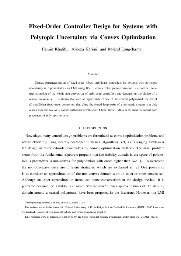 (PDF) Fixed-Order Controller Design for Polytopic Systems Using LMIs
