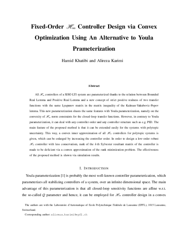 (PDF) $H_{\infty}$ Controller Design Using an Alternative to Youla Parameterization