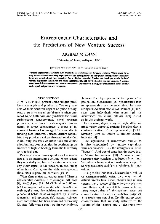 (PDF) Entrepreneur characteristics and the prediction of new venture ...