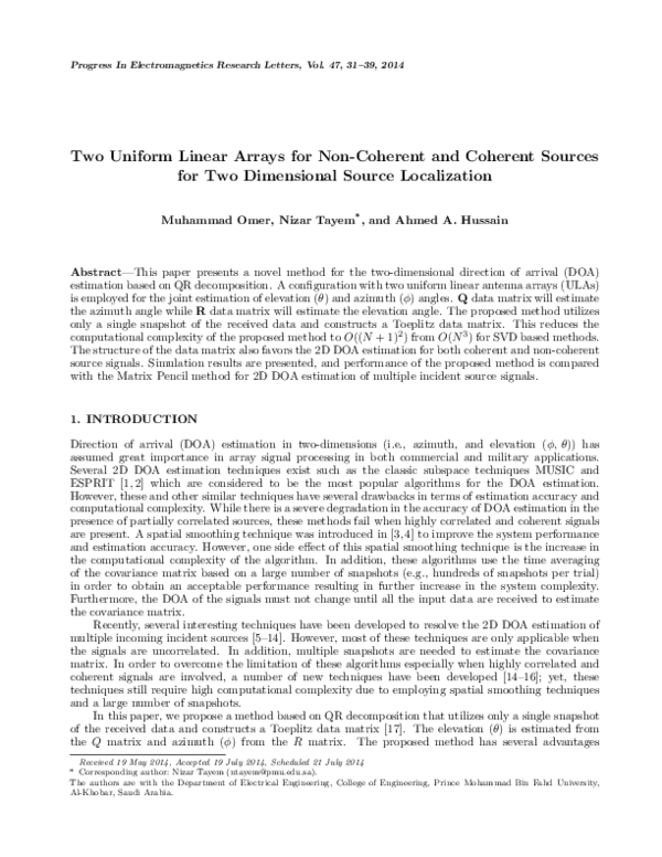 (PDF) Two Uniform Linear Arrays for Non-Coherent and Coherent Sources for Two Dimensional Source ...