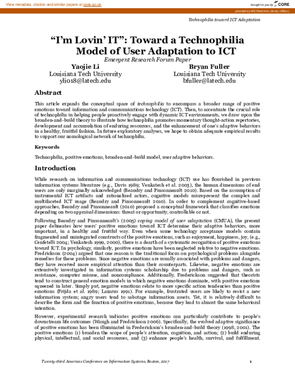 (PDF) I'm Lovin' IT": Toward a Technophilia Model of User Adaptation to ICT