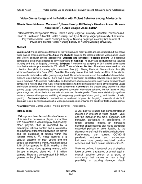 (PDF) Video Games Usage and its Relation with Violent Behavior among ...