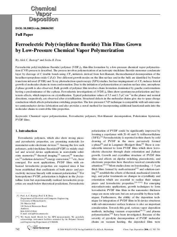(PDF) Ferroelectric Poly(vinylidene fluoride) Thin Films Grown by Low ...