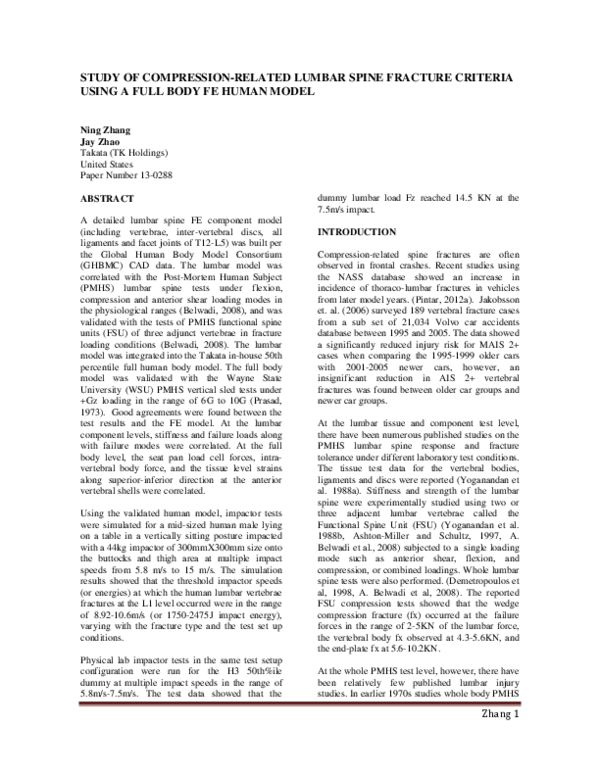 (PDF) Study of Compression-Related Lumbar Spine Fracture Criteria Using a Full Body Fe Human Model
