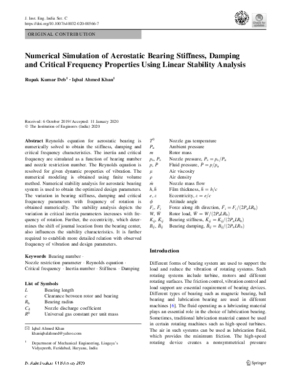 (PDF) Numerical Simulation of Aerostatic Bearing Stiffness, Damping and Critical Frequency ...
