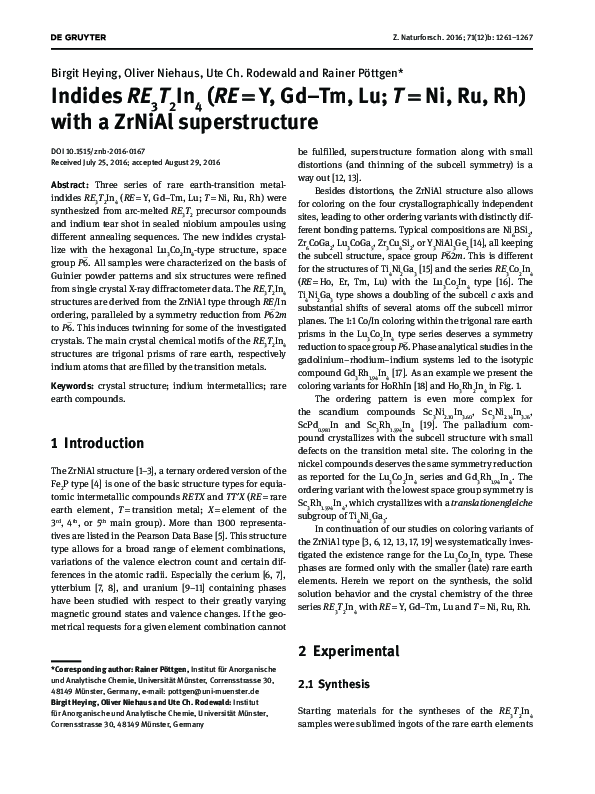 (PDF) Indides RE 3 T 2In4 (RE = Y, Gd–Tm, Lu; T = Ni, Ru, Rh) with a ZrNiAl superstructure